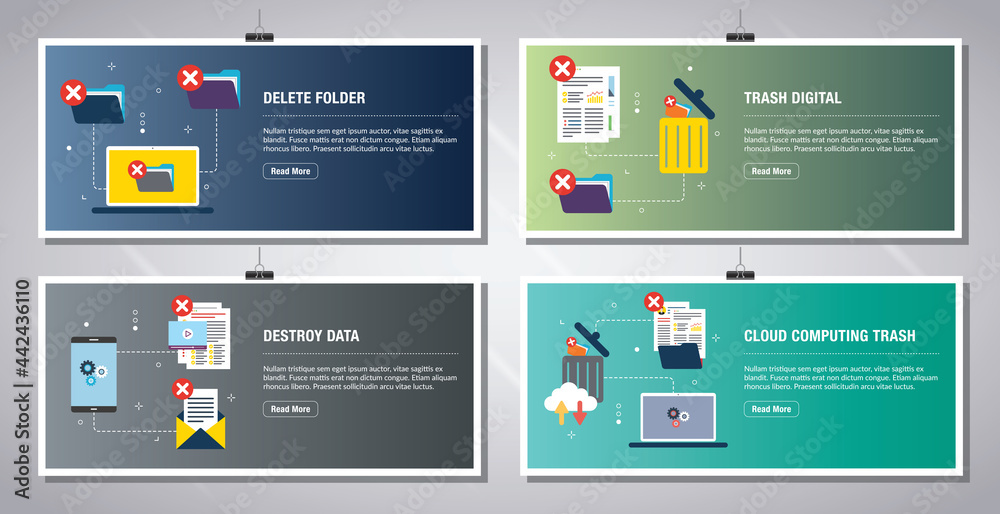 Web banners template in vector with icons of delete folder, trash digital, destroy data and ...