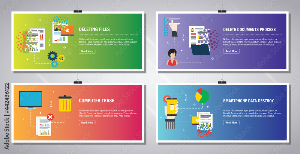 Web banners template in vector with icons of deleting files, delete documents, computer trash ...