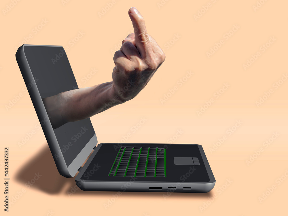 A human hand sticking out of a laptop with an obscene, aggressive index ...