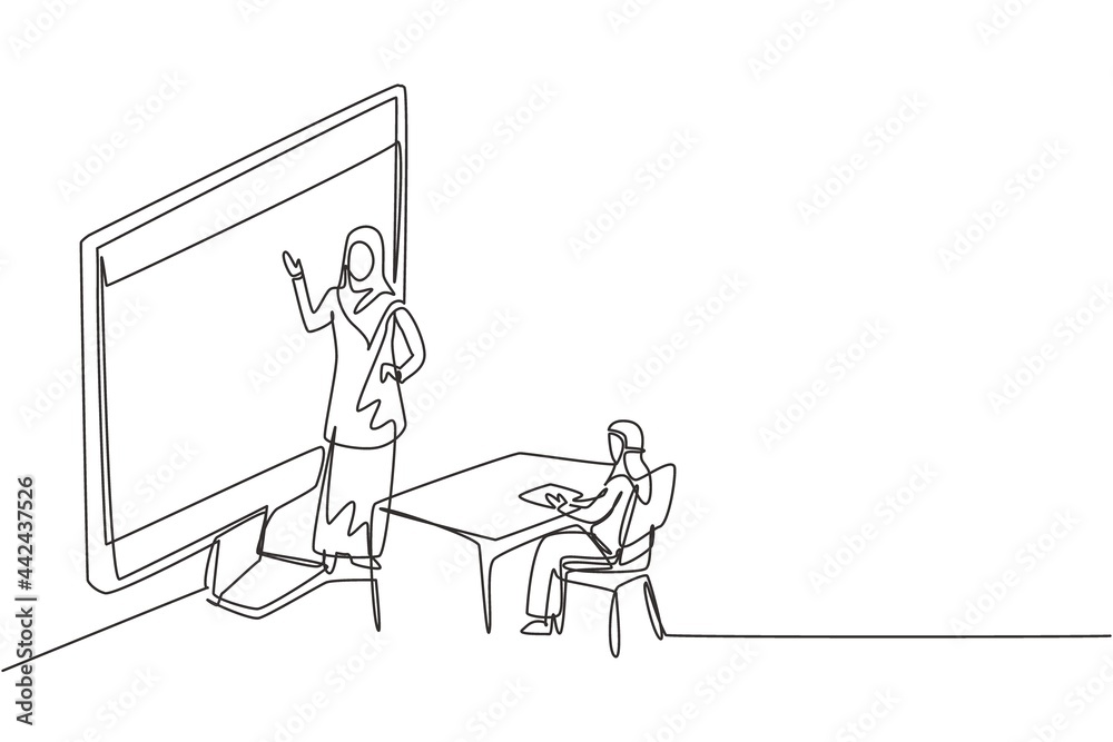 Single one line drawing Arabian female teacher standing in front of ...