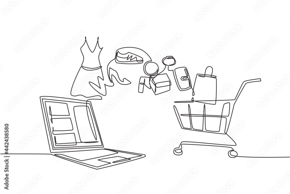 Single one line drawing laptop and shopping cart with products ...
