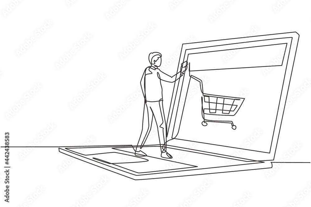 Single continuous line drawing young male shopping online via giant ...
