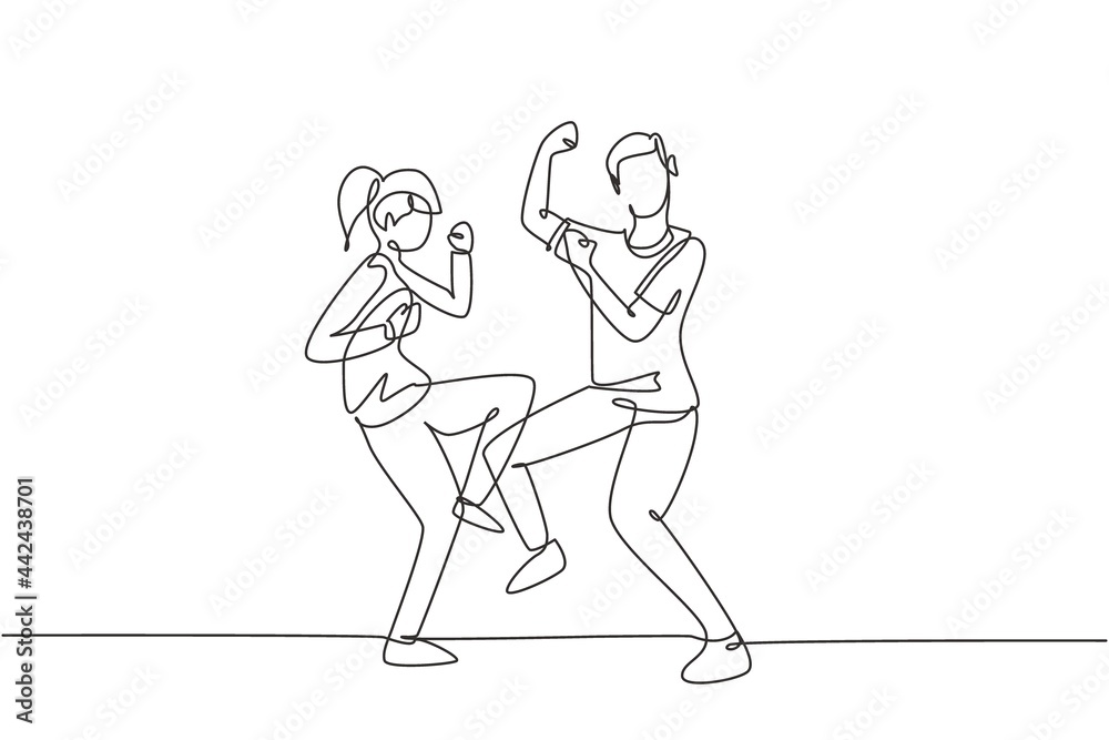 Single One Line Drawing Man Woman Dancing Lindy Hop Or Swing Together