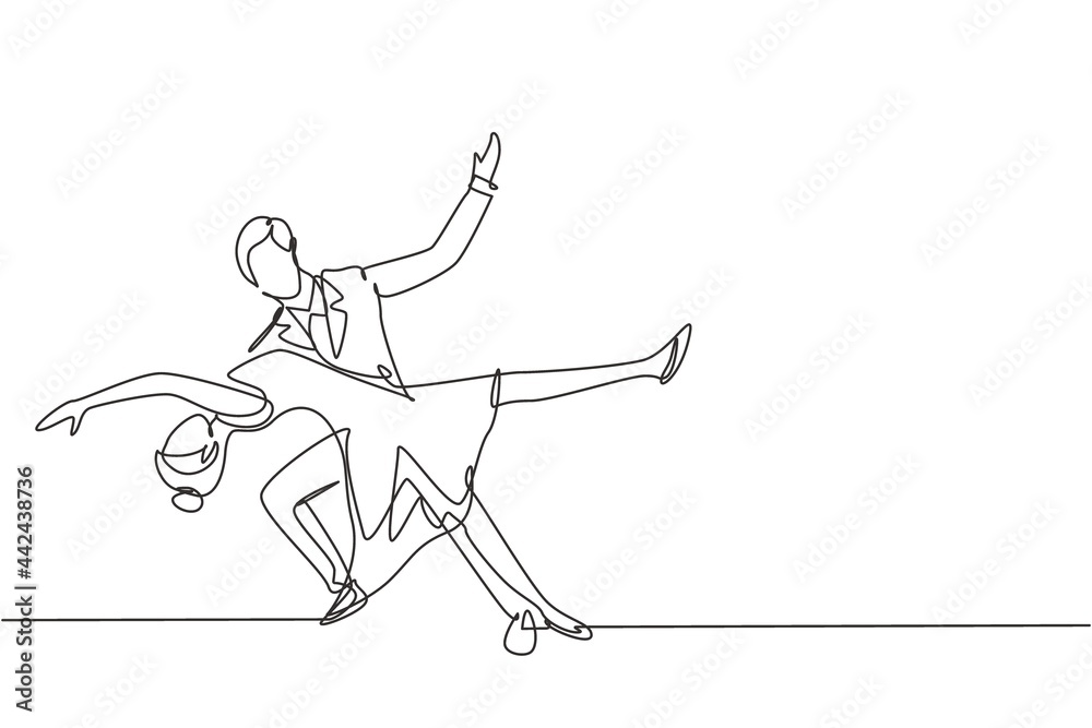 Continuous one line drawing young man and woman professional dancer ...