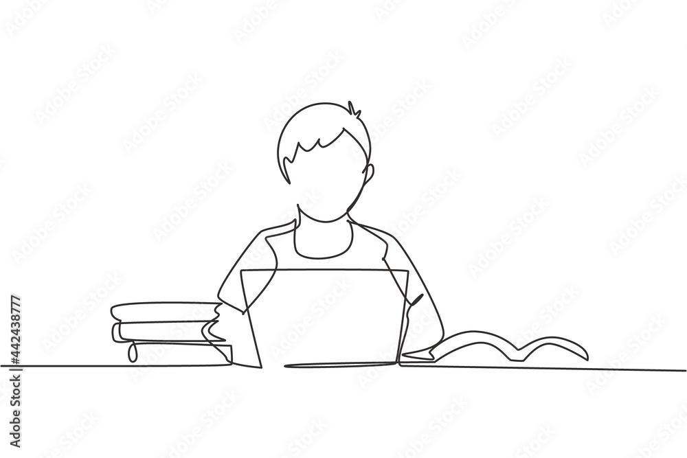 Single one line drawing young male studying with laptop and pile of ...