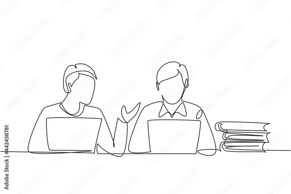 Single one line drawing two young man studying with laptop and pile of ...