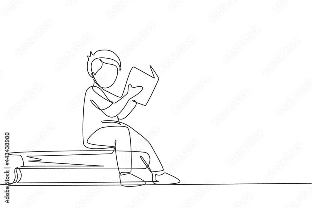 Single one line drawing little boy reading, learning and sitting on big ...