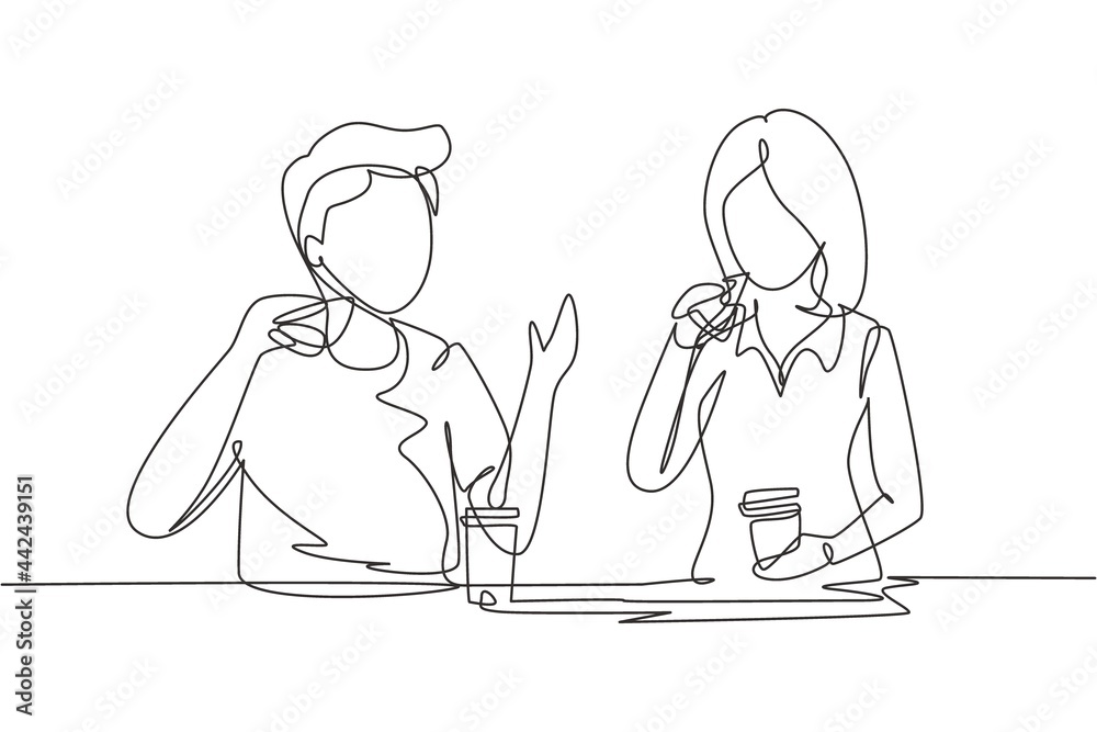 Continuous one line drawing young couple having hamburger meal around ...