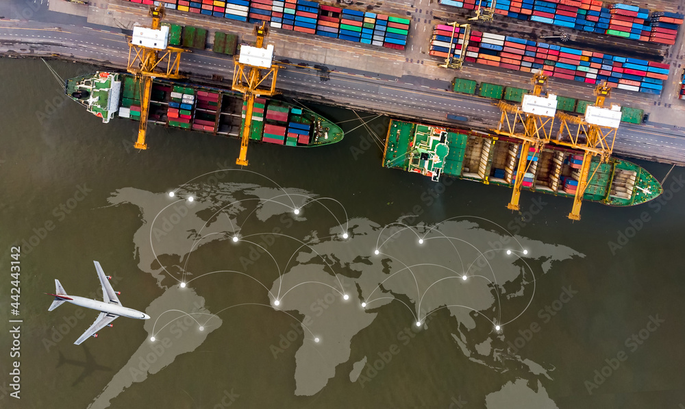 Aerial view and top view cargo plane flying above on the world map ...