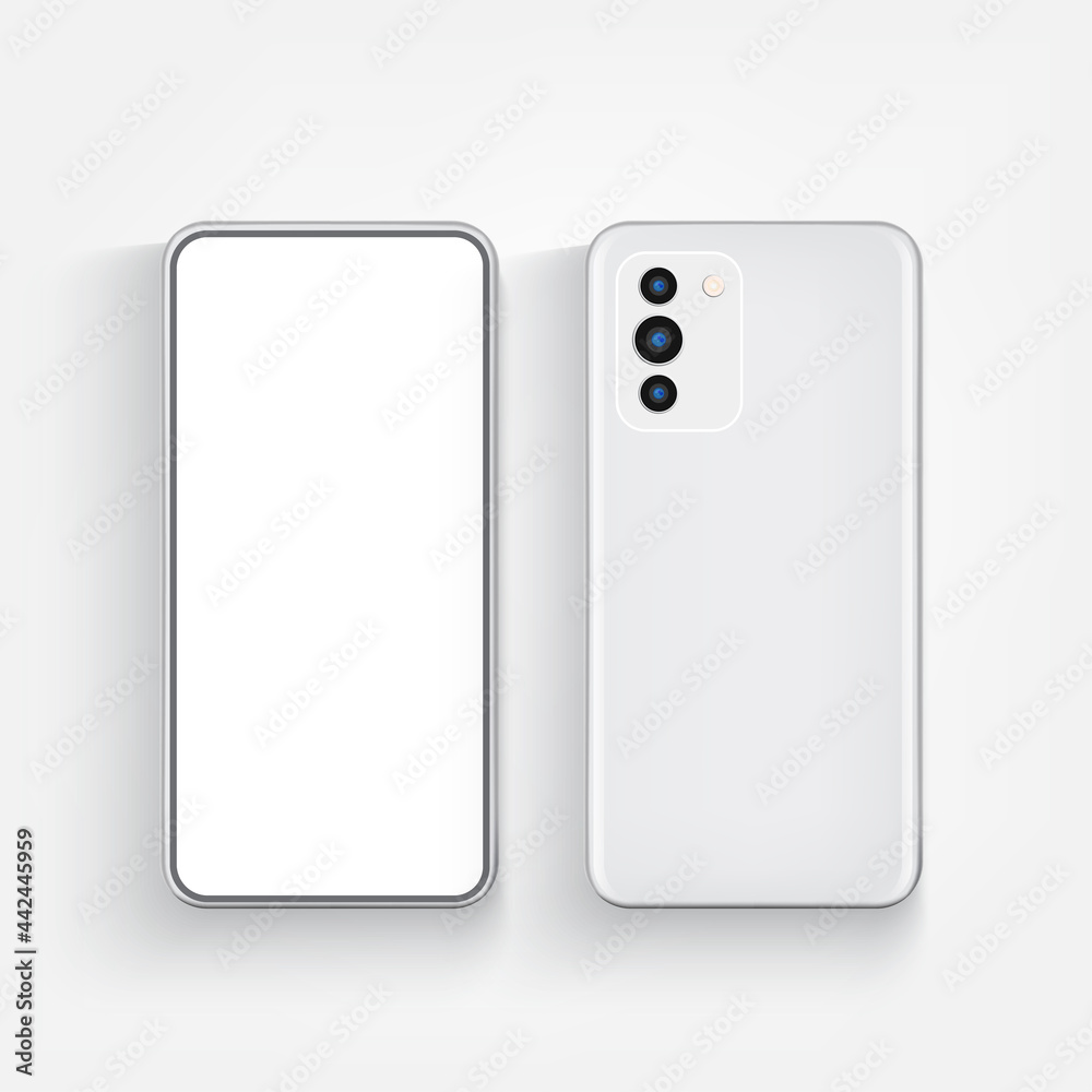 Modern realistic phone front and back view. White screen smartphone ...