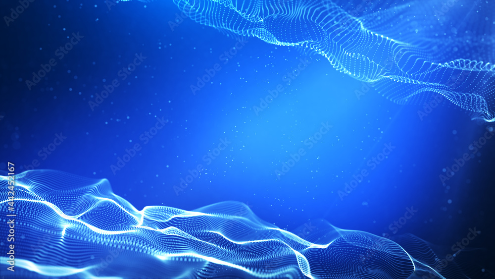 ภาพประกอบสต็อก Blue Particles Wave and light abstract background with ...