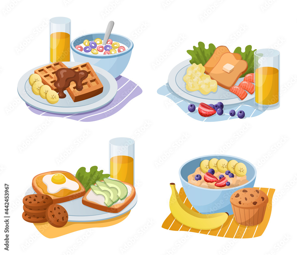 Breakfast meals. Cartoon morning food types. Serving lunch with ...
