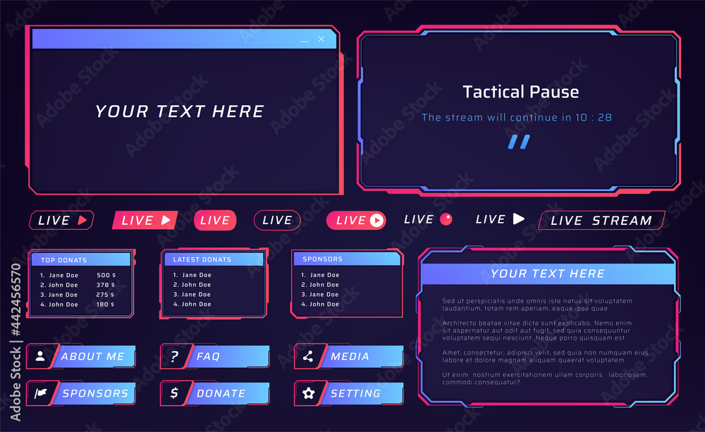Live streaming interface. UI frames for video conference. Buttons and ...
