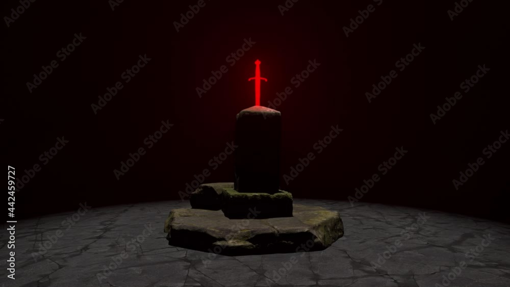 A fiery sword is stuck into a stone altar, which stands on a granite ...