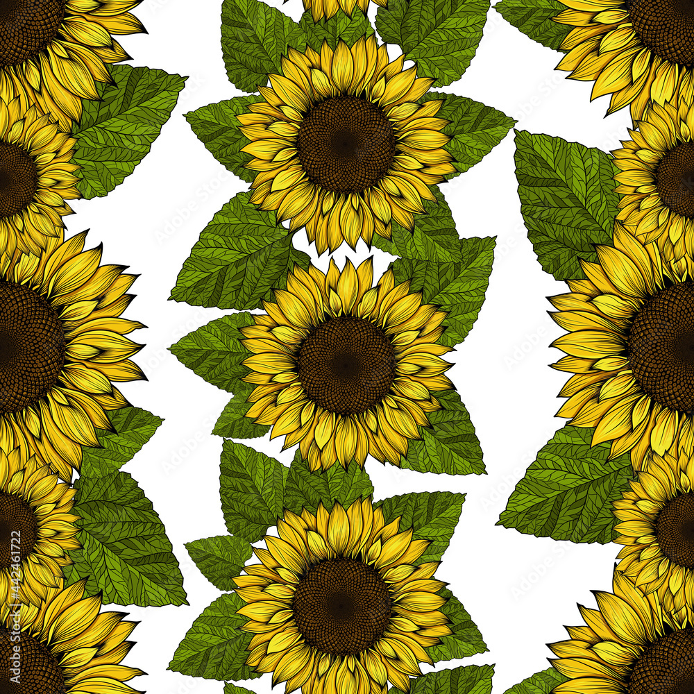 seamless sunflowers pattern hand drawn, beautiful rustic background ...