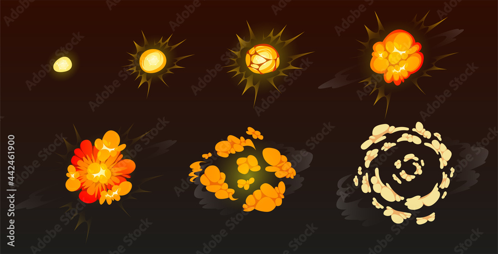Cartoon bomb explosion storyboard. Clouds, boom and smoke animation ...