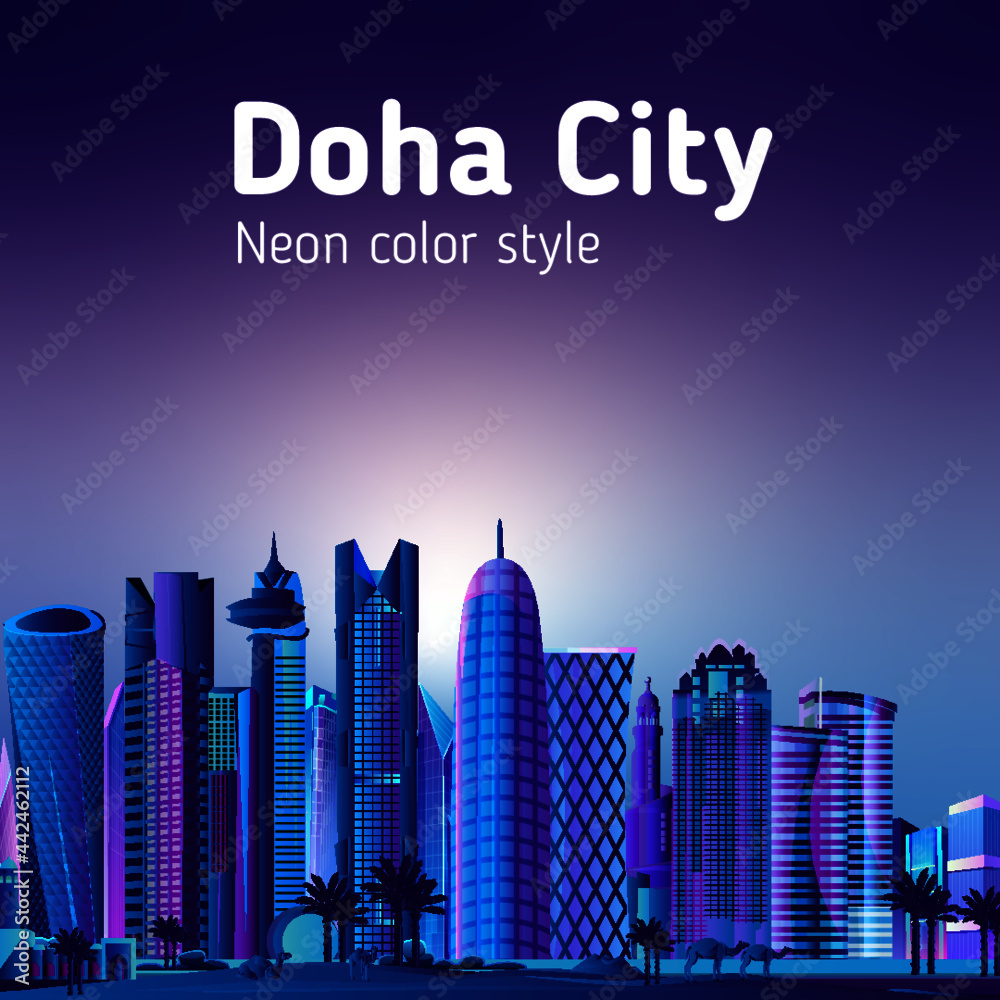 Doha city, Qatar, neon color style DOHA Skyscraper Stock Vector | Adobe ...