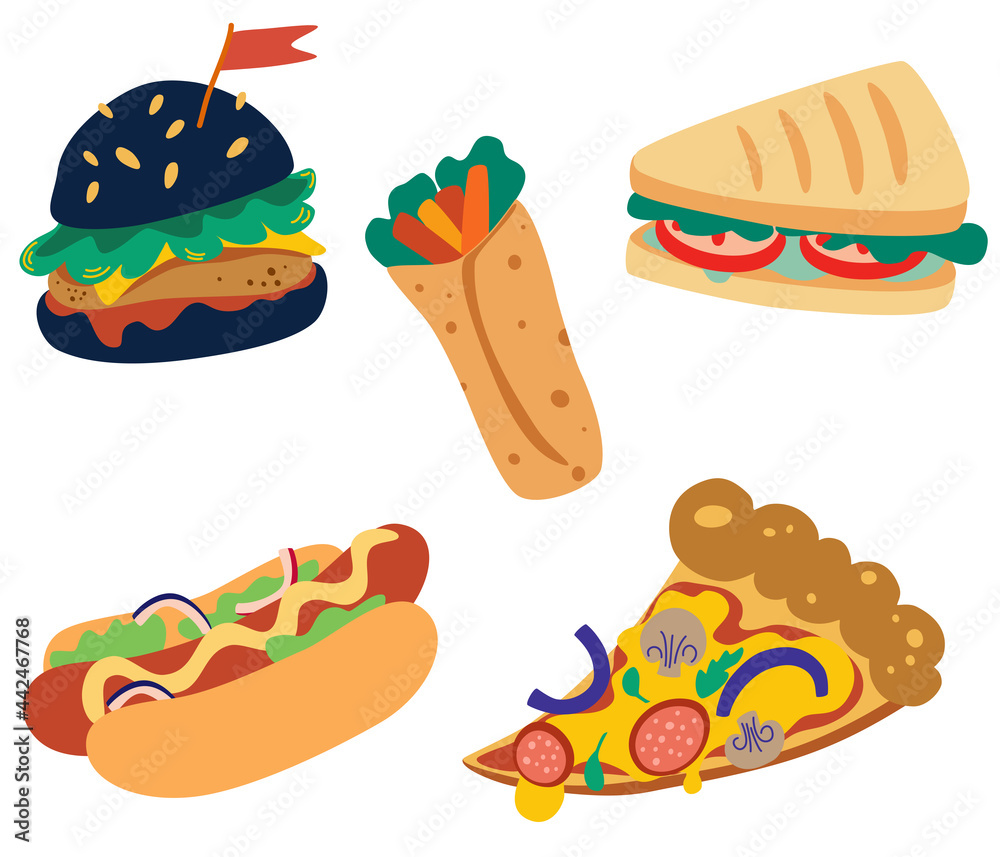 Junk street food set. Burger, hamburger, pizza, sandwich, burrito and ...