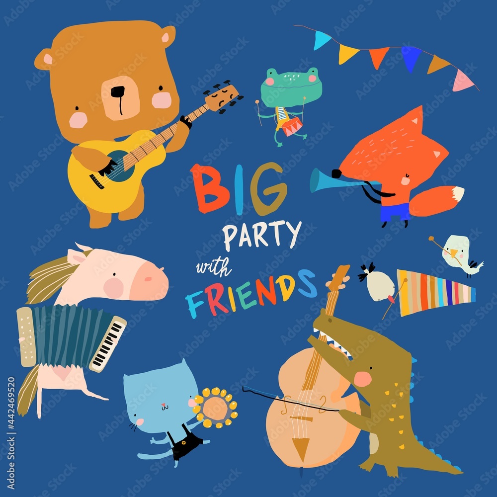 Cartoon Set with Cute Animals playing the musical instruments Stock ...