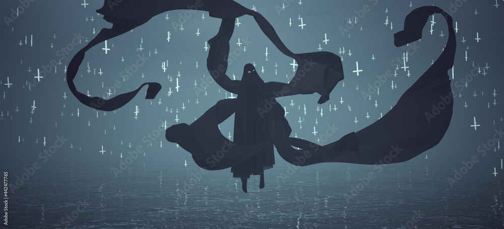 Ghost Demon Japanese Evil Spirit Floating Over Water with Fabric ...