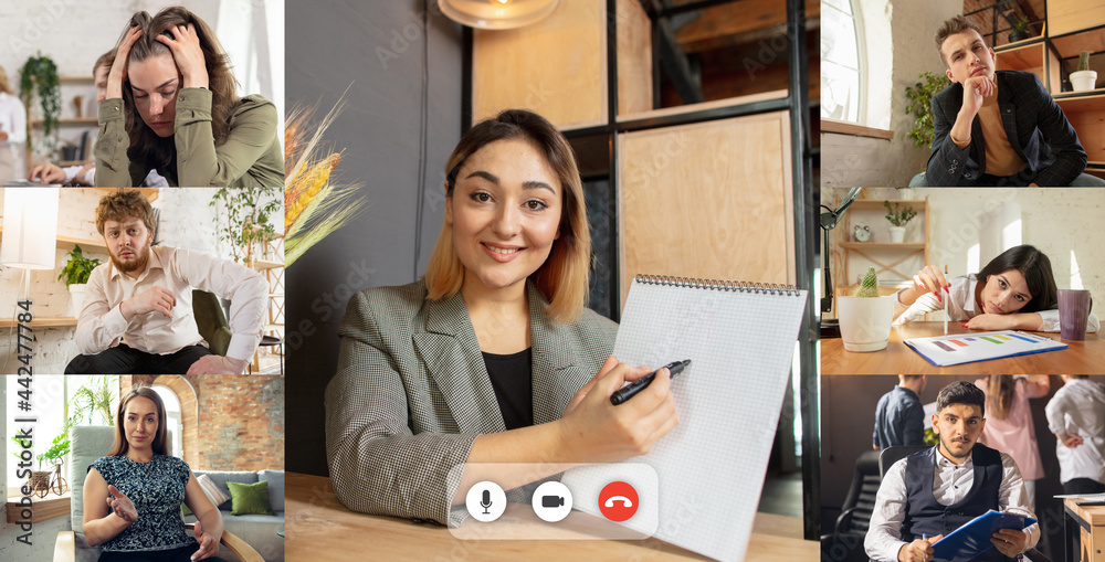 Team working by group video call share ideas brainstorming use video ...