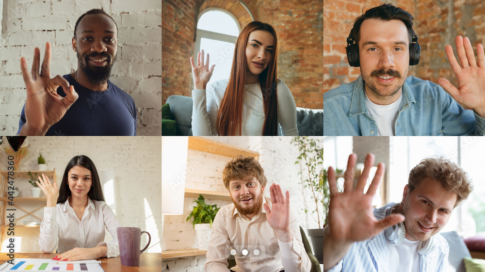 Greeting. Team working by group video call share ideas brainstorming ...