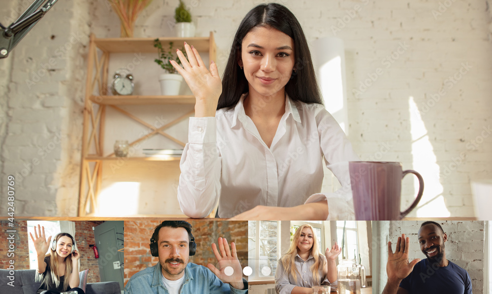 Cheers. Team working by group video call share ideas brainstorming use ...