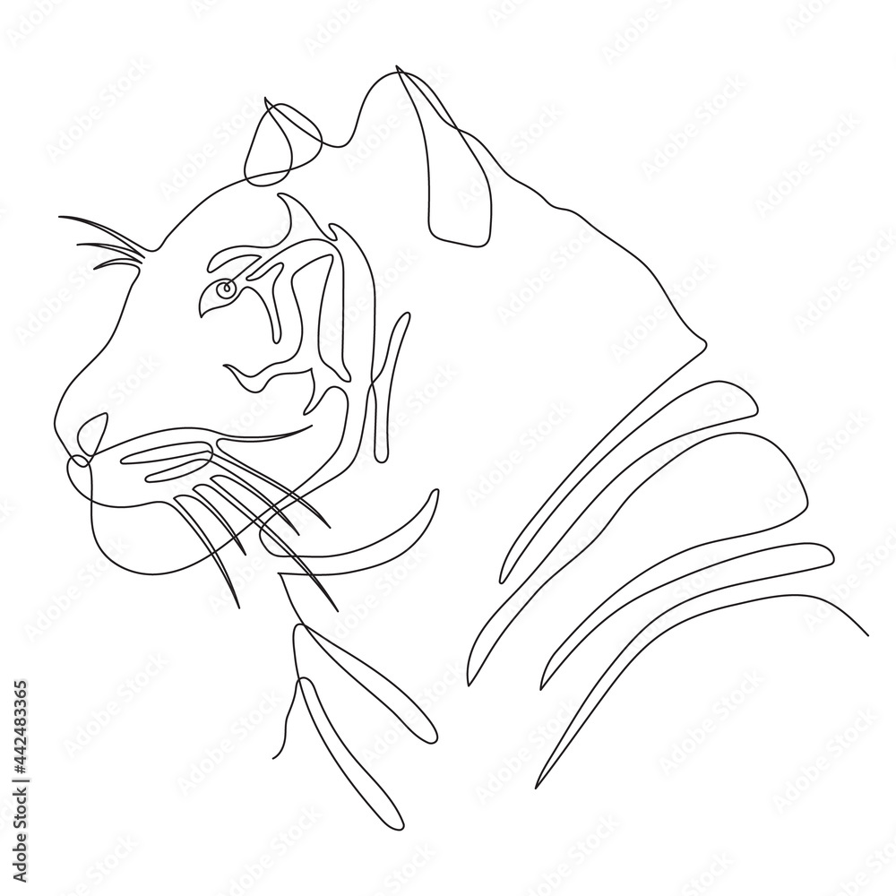 Hand drawn tiger icon, one line art, stylized continuous outline ...