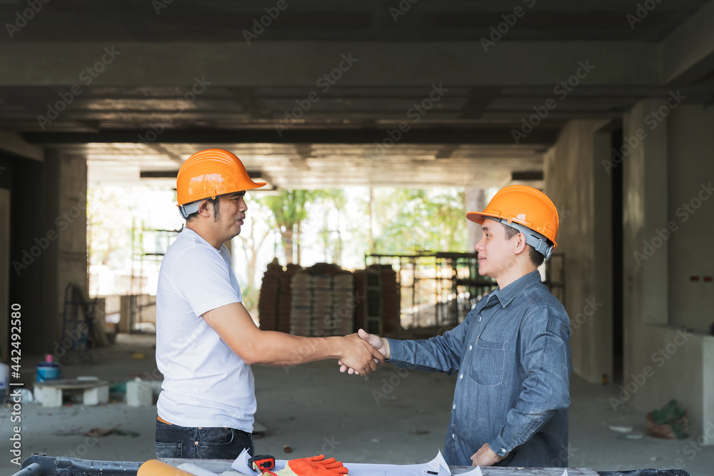 Teamwork, partnership, gesture concept. Builders greeting each other ...