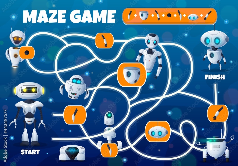 Cartoon robots, kids education maze game labyrinth with androids and ...