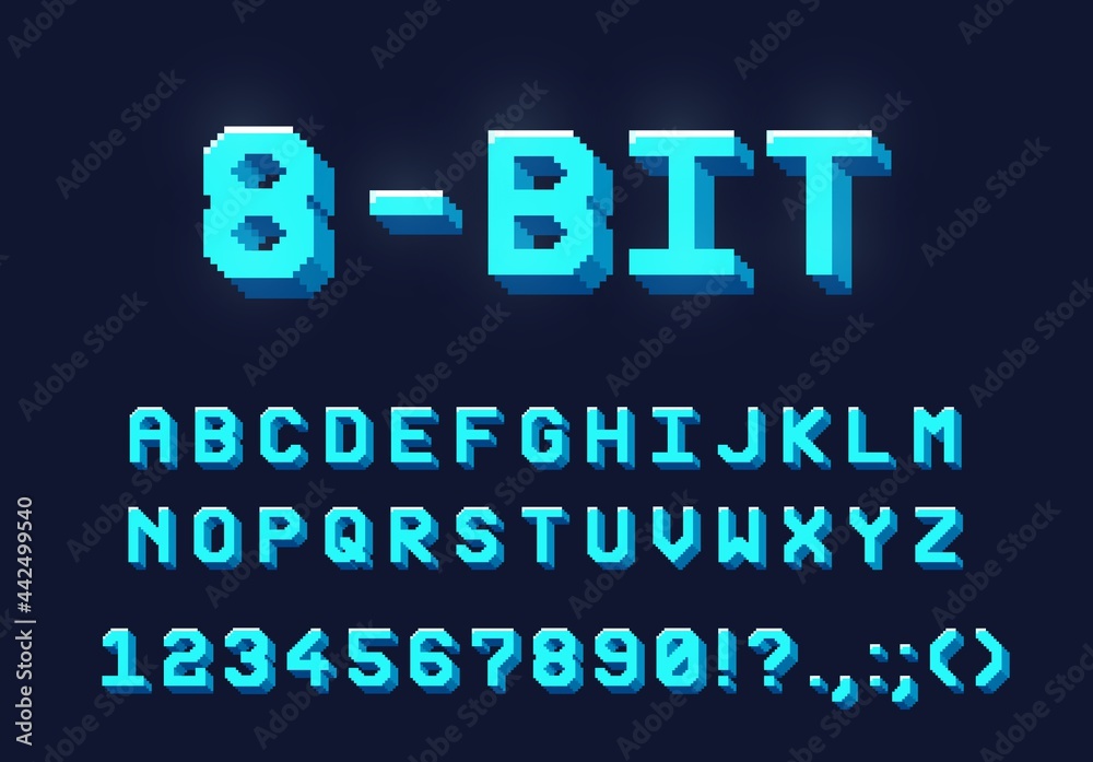 8-bit retro game neon font or type with letters, numbers, digits and ...