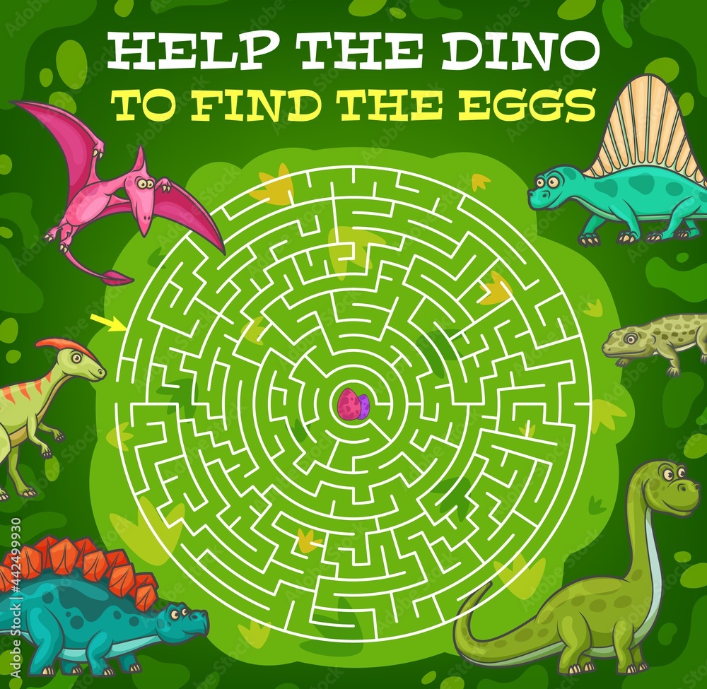 Labyrinth maze help dinosaur find the egg. Vector kids game with ...