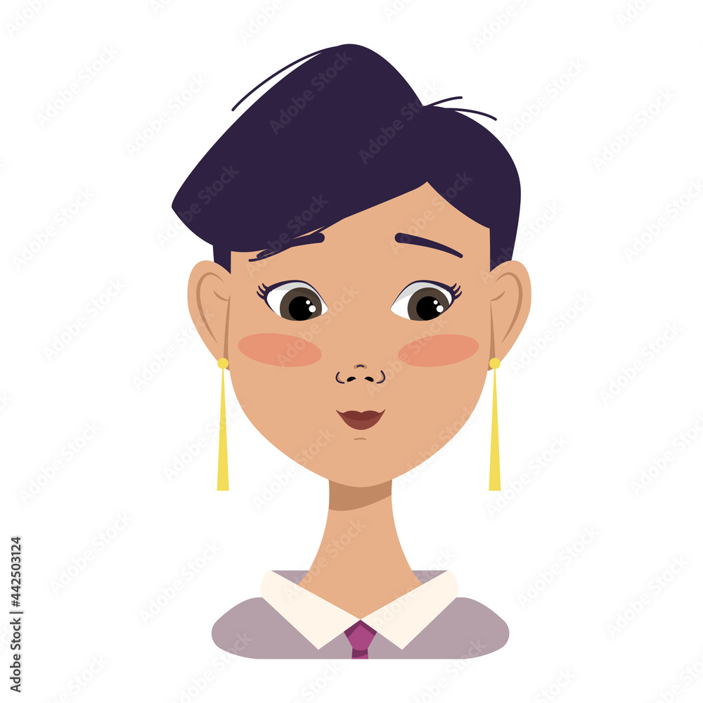 Avatar is a woman with lowered eyes, compressed lips, black short ...