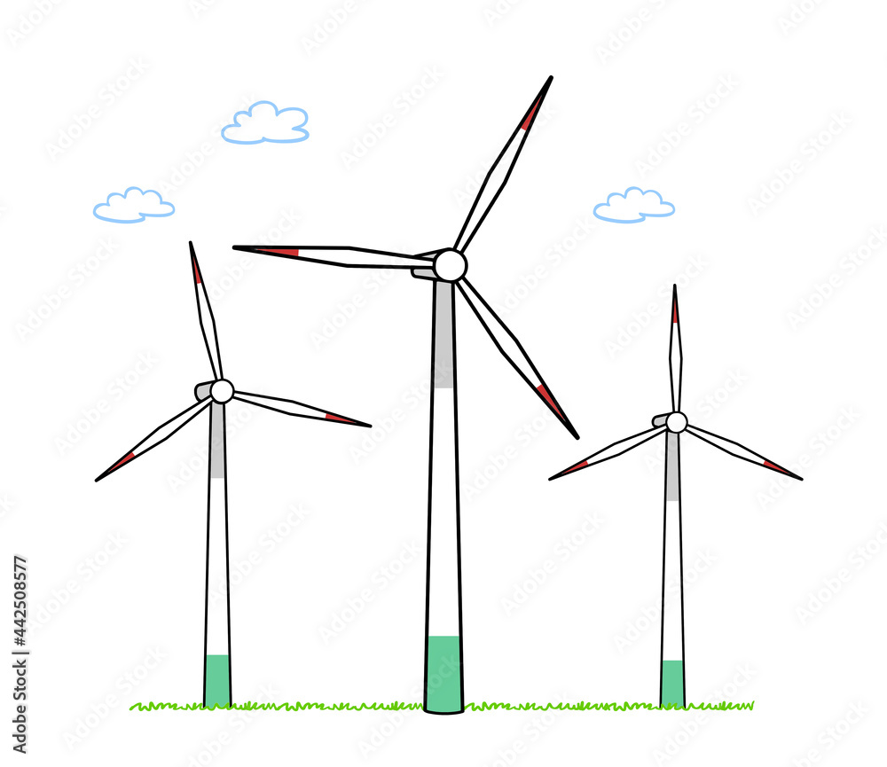 Windräder im Windpark erzeugen nachhaltig Energie Stock Illustration ...