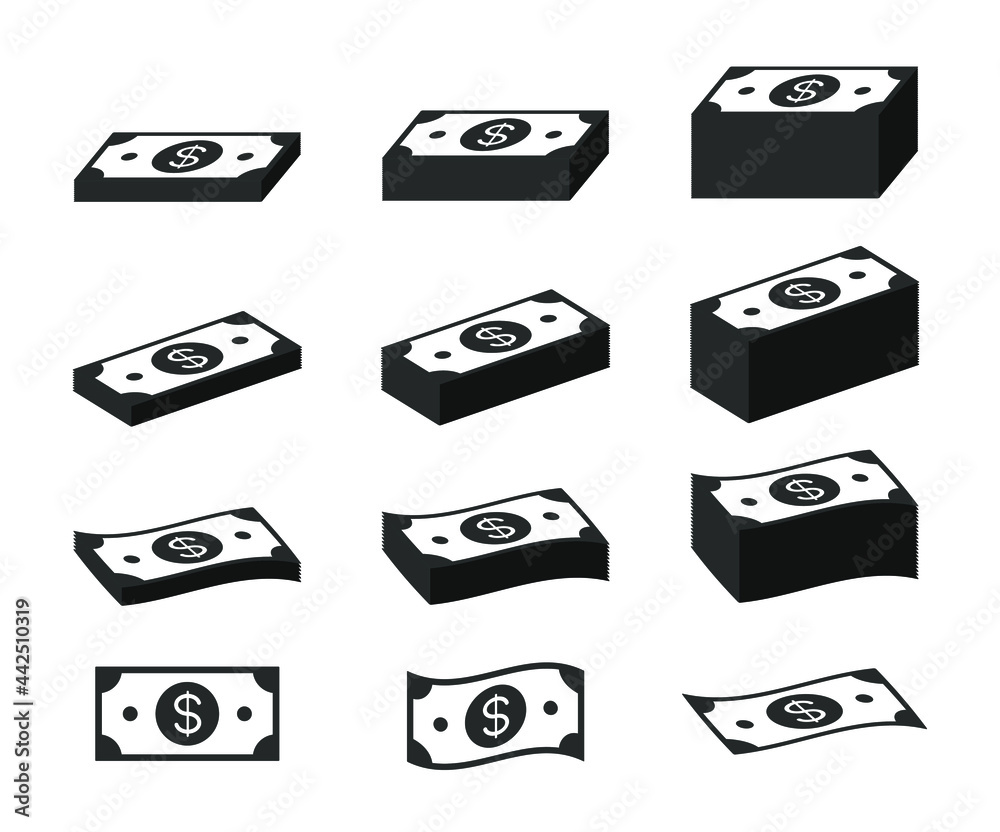 Vetor de Money bill icon collection. Banknote bunch symbol set. Paper ...