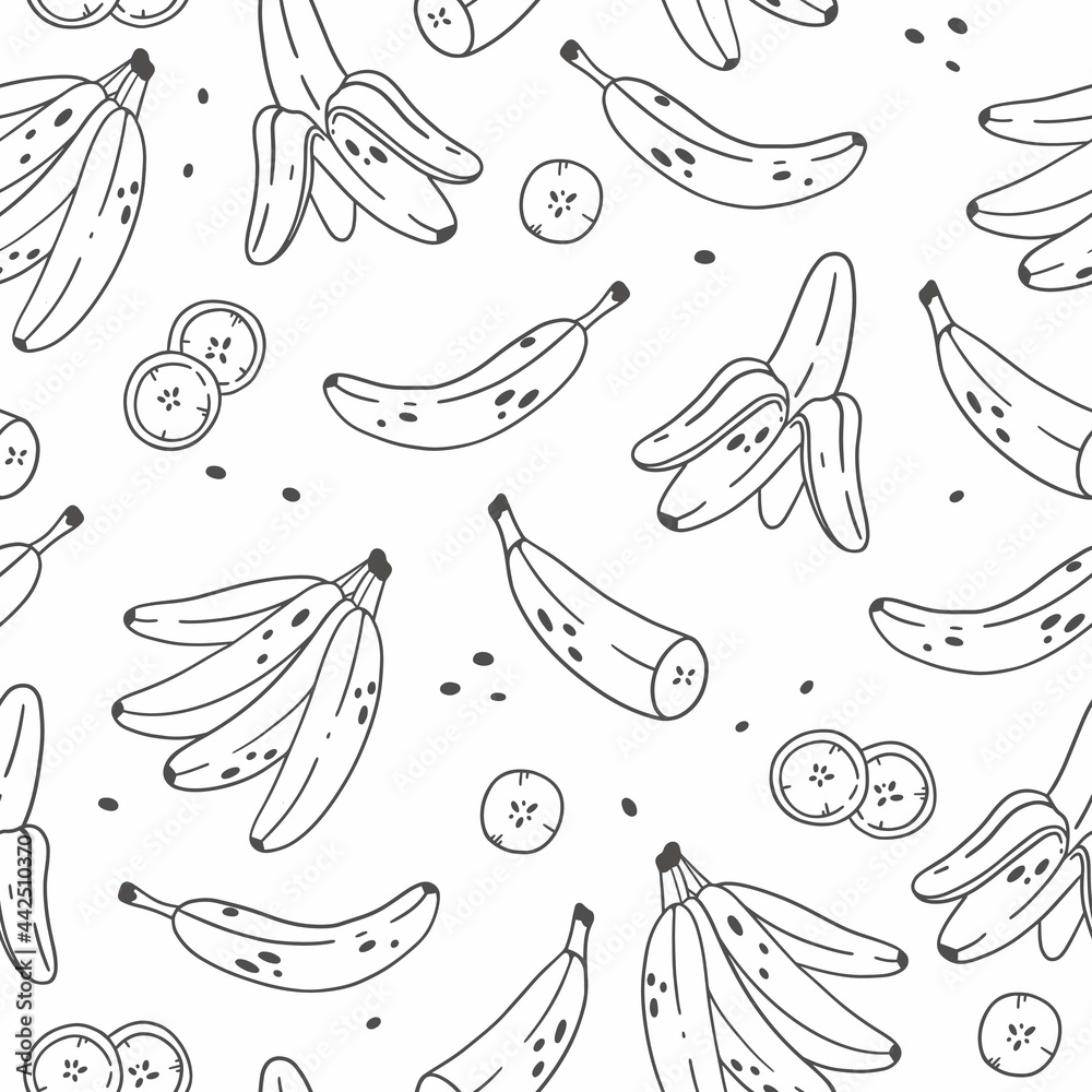 Black and white seamless pattern with bananas in cute cartoon doodle ...