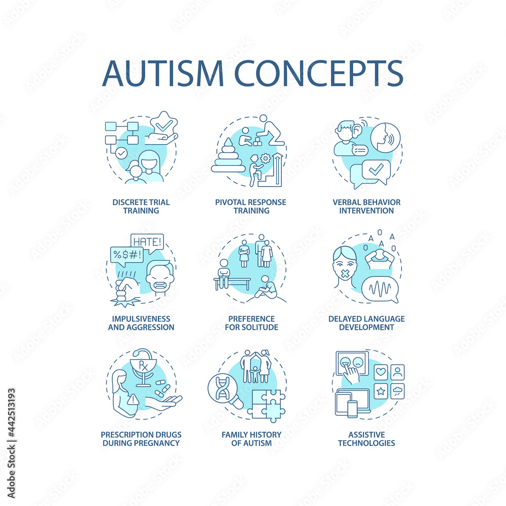 Autism spectrum disorder concept icons set. Developmental disabilities ...