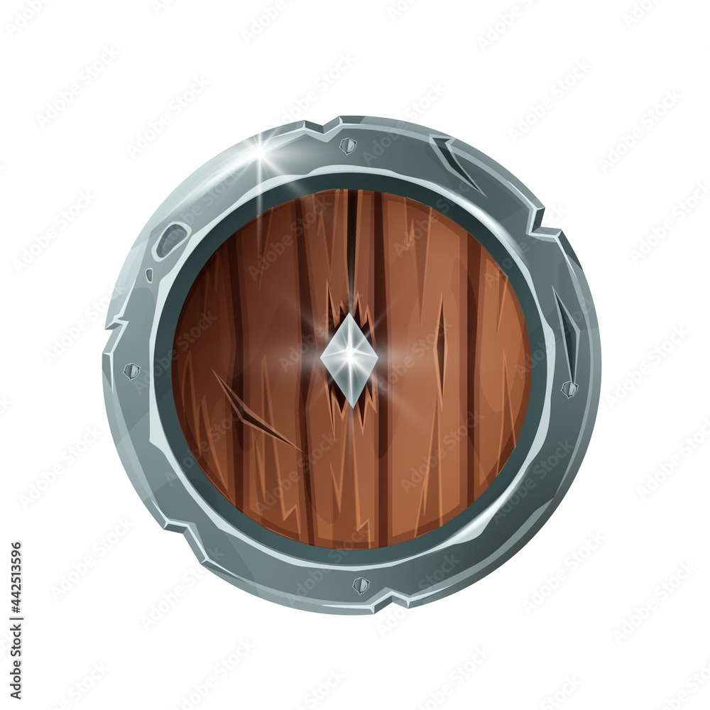 Wooden game shield icon, medieval warrior armor vector illustration ...