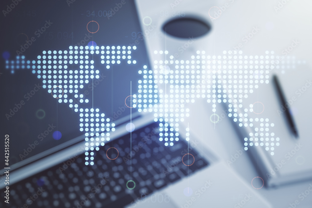 Multi exposure of abstract creative digital world map on modern laptop ...