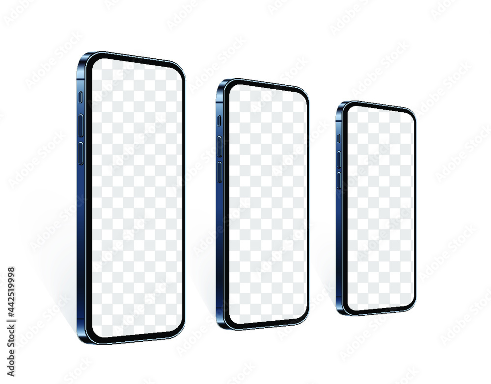 Realistic smartphones in row in perspective view with transparent ...