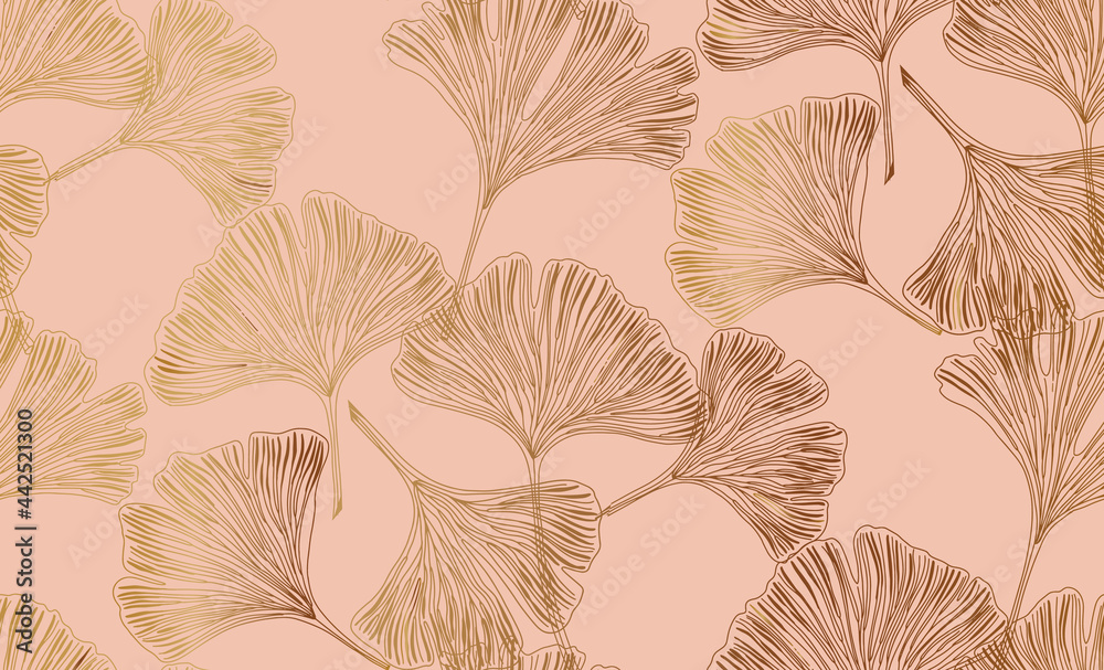 GIngko bloba gold leaves seamless pattern. Luxury wall art design with ...