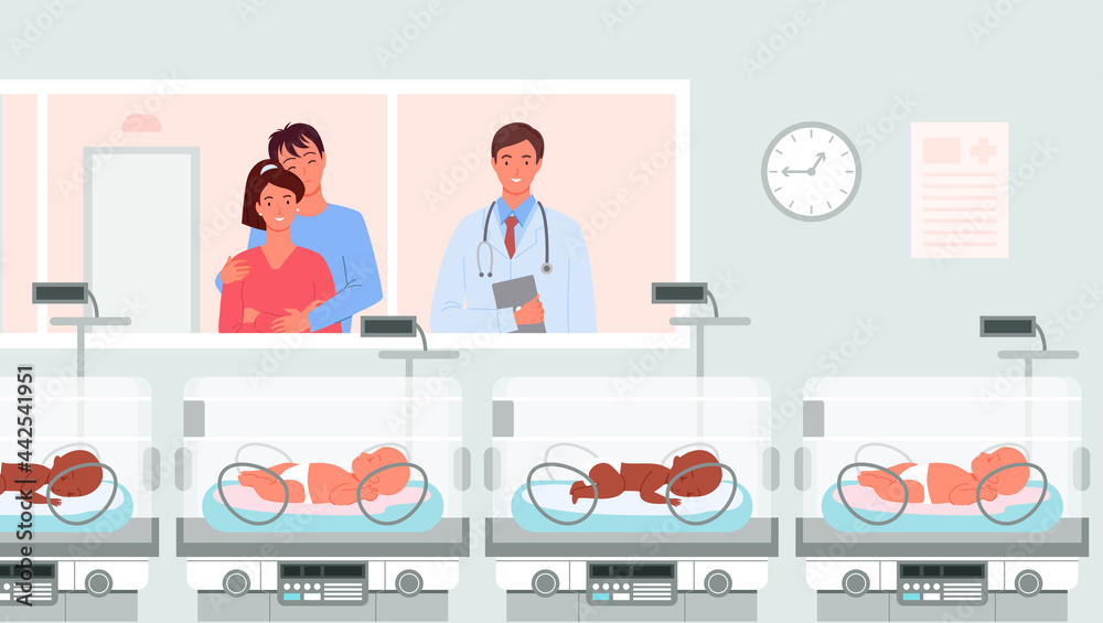 Hospital ward with preterm baby incubators, prematurity concept vector ...