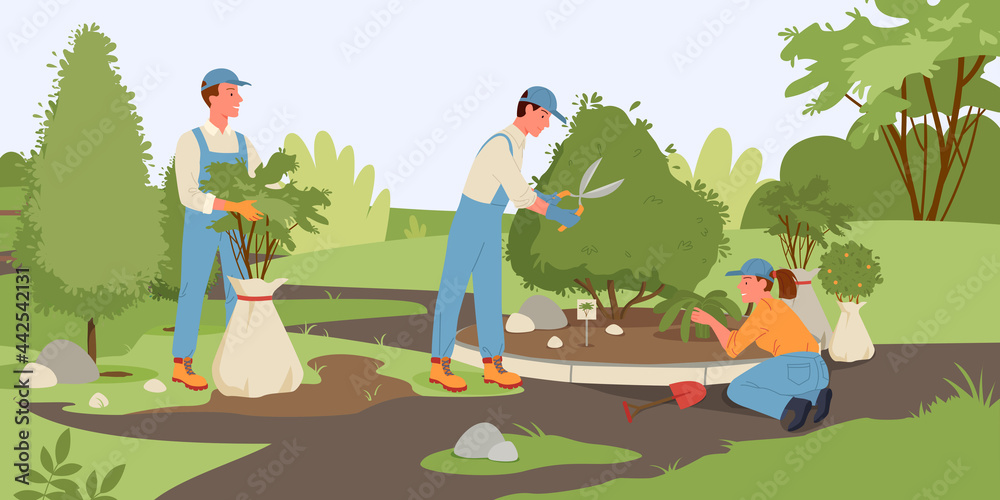 People work in summer forest or park, grow plants vector illustration ...