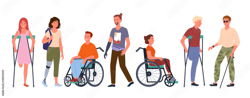 Disabled handicap people vector illustration set. Cartoon smiling man ...
