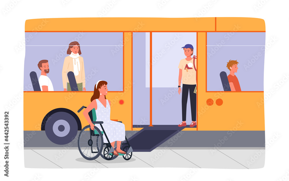 Disabled girl in wheelchair at bus stop vector illustration. Cartoon ...
