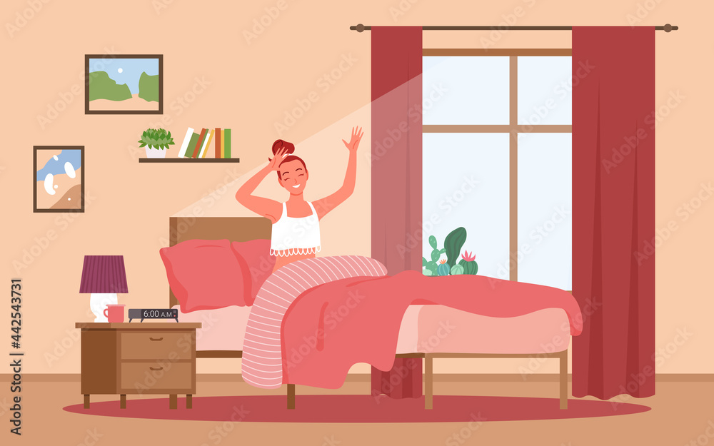 Happy awakening in morning, lifestyle daily routine vector illustration ...