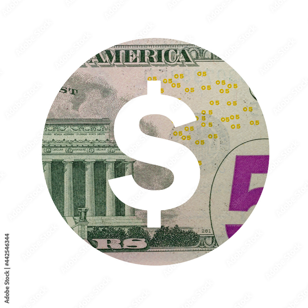 US Dollar Sign Icon with Real 5 Reverse Dollars Banknote Texture ...