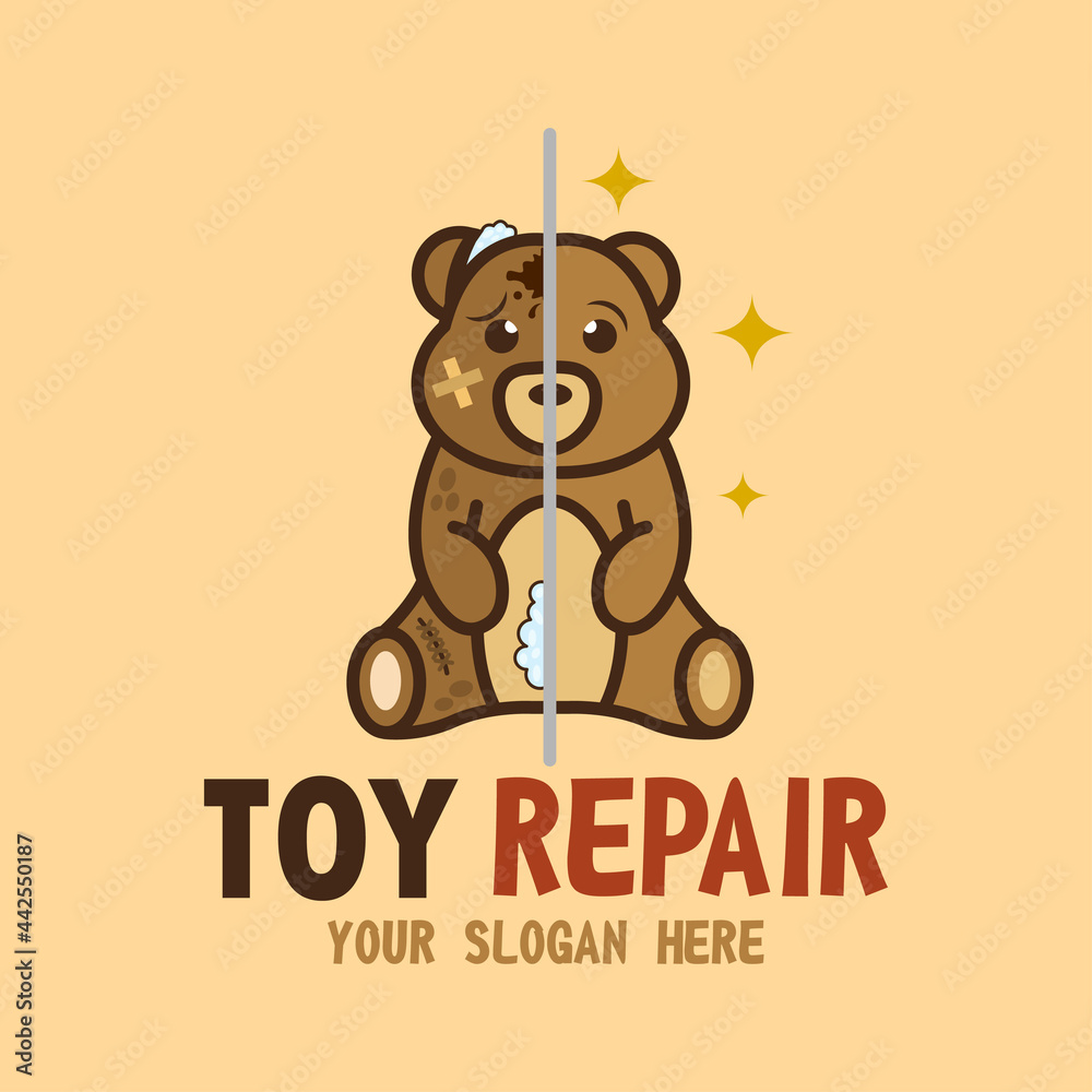 Toy Repair Shop vector isolated logo. Concept of fix Antique old plush ...