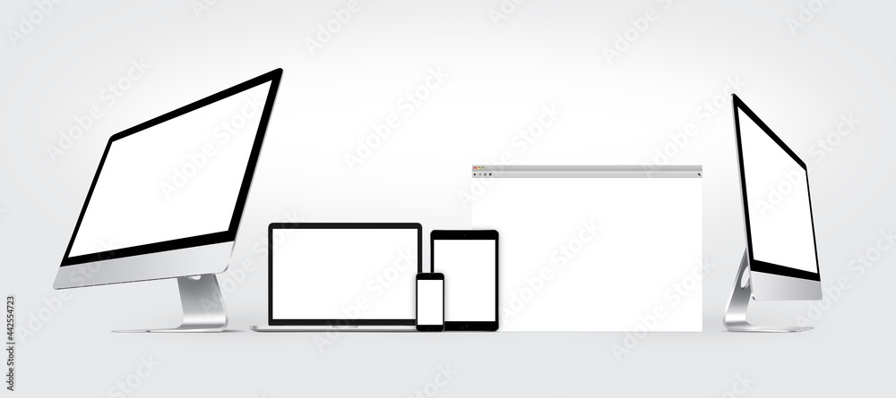Responsive devices mockup for web site design promotion on different display sizes. Isolated ...