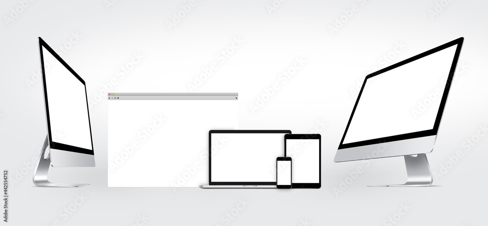 Responsive devices mockup for web site design promotion on different display sizes. Isolated ...